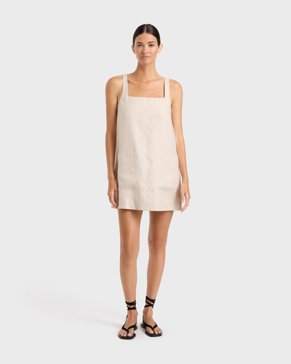 BONDI BORN® | Delphi A-Line Organic Linen Mini Dress Sand – BONDI BORN INTL