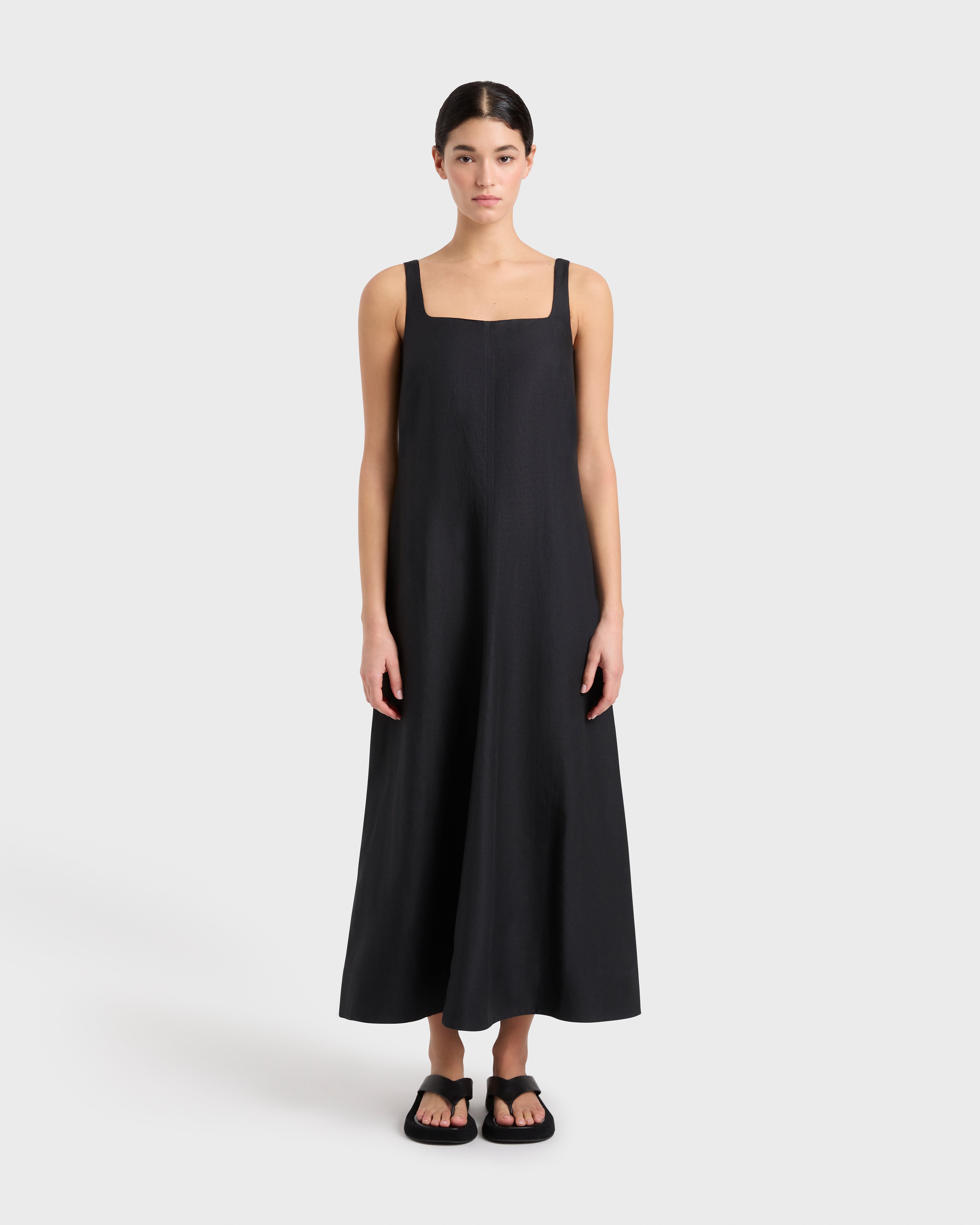 BONDI BORN® | Delphi Linen Flared Maxi Dress in Black – BONDI BORN INTL